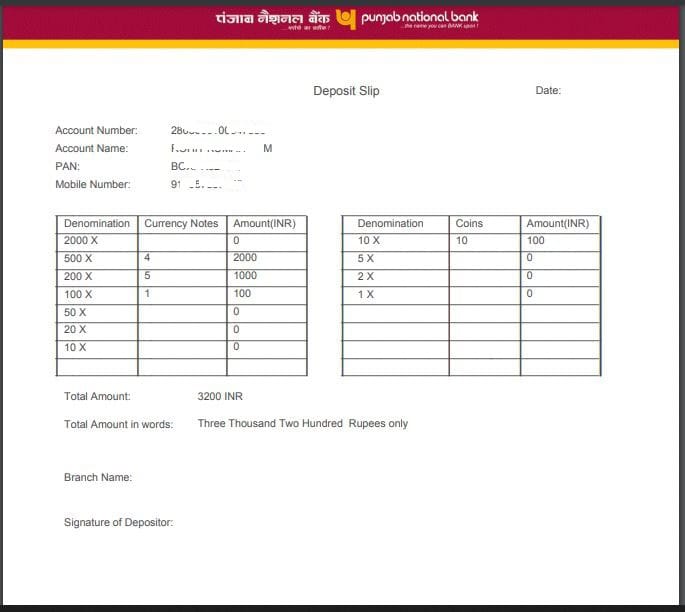 PNB Pre-Filled Deposit Slip Download